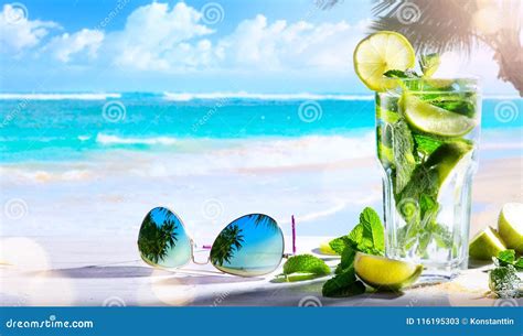 Vacation Drims Summer Tropical Beach Wine Bar Mojito Cocktail Stock
