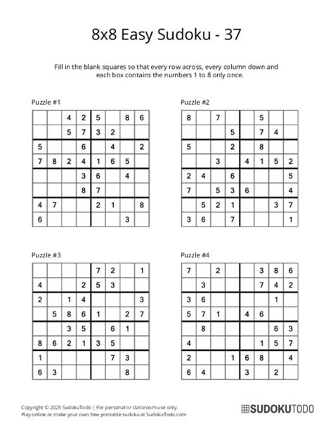 8x8 Easy Sudoku Puzzles Printable