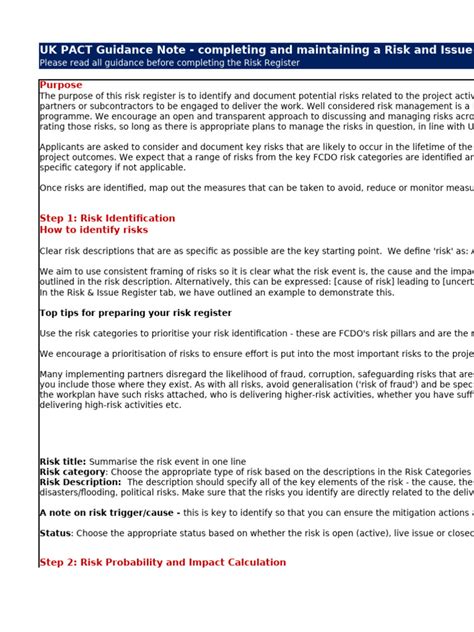 Uk Pact Project Risk And Issue Register Template V2 Pdf Risk