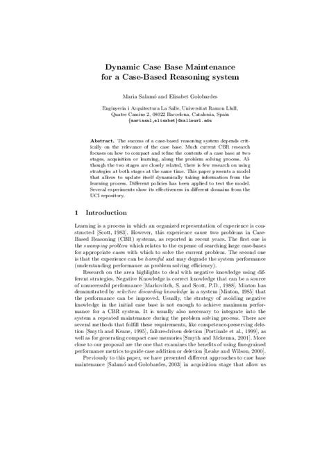 pdf dynamic case base maintenance for a case based reasoning system