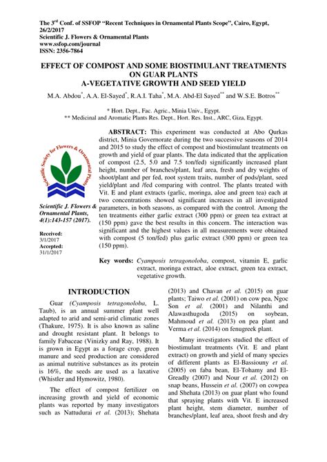 Pdf Effect Of Compost And Some Biostimulant Treatments On Guar Plants A Vegetative Growth And