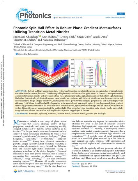 Pdf Photonic Spin Hall Effect In Robust Phase Gradient · Photonic Spin Hall Eﬀect In