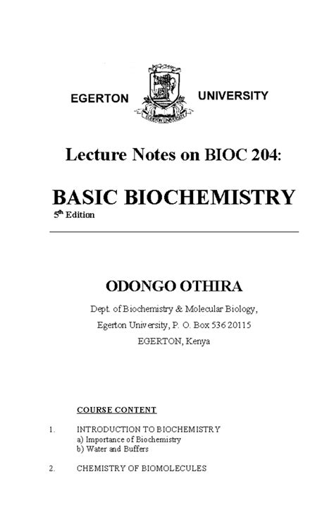 Lecture Notes On BIOC 204 Basic Biochemistry Overview Studocu