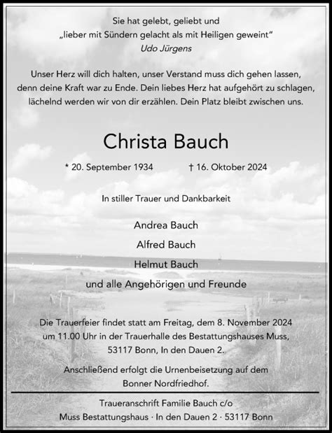 Traueranzeigen Von Christa Bauch Gatrauerde