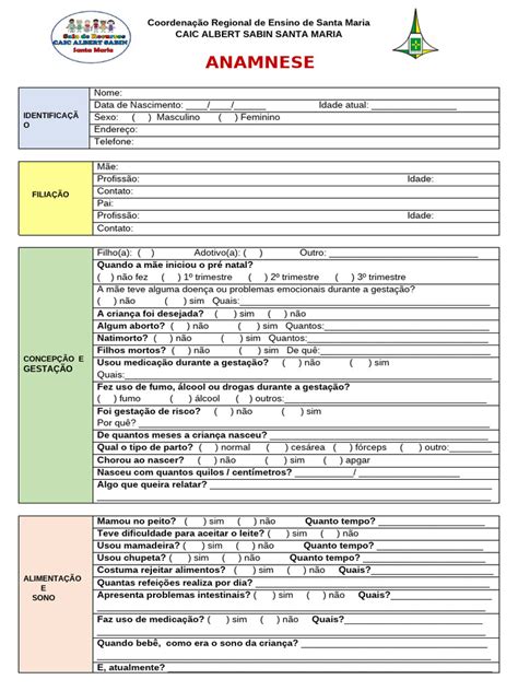 Anamnese Infantil Formulário Completo Pdf Atenção