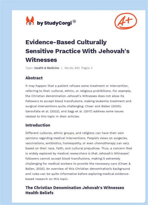 Evidence Based Culturally Sensitive Practice With Jehovahs Witnesses