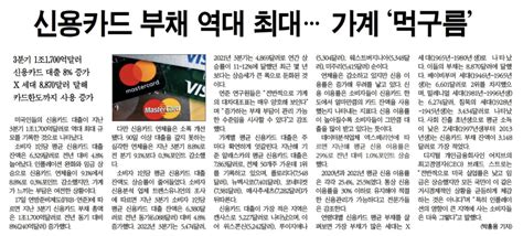신용카드 부채 역대 최대 가계 먹구름 한국일보 필라델피아