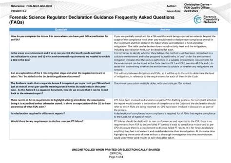 Forensic Science Regulator Declaration Guidance Frequently Asked