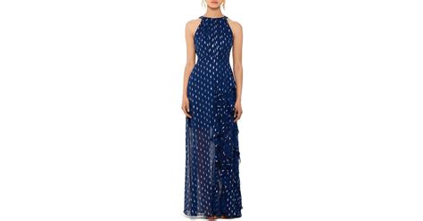 Betsy And Adam Metallic Clip Dot Ruffle Halter Neck Chiffon Gown In Blue
