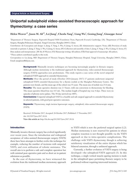 Pdf Uniportal Subxiphoid Video Assisted Thoracoscopic Approach For Thymectomy A Case Series