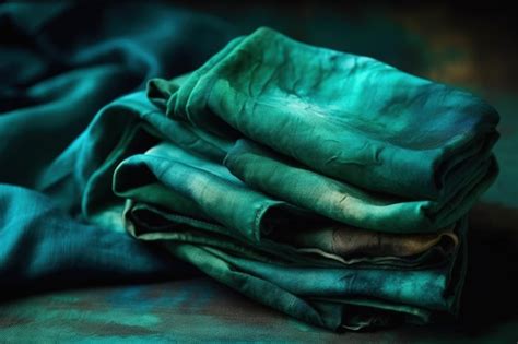 Premium AI Image Neatly Stacked Pile Of Green Fabric On A Wooden Table Created With Generative