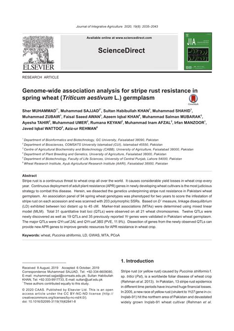 Pdf Genome Wide Association Analysis For Stripe Rust Resistance In