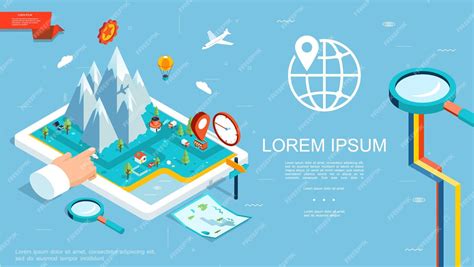 손 돋보기 글로브 그림을 가리키는 태블릿 화면에 산 경로지도 포인터와 아이소 메트릭 Gps 탐색 템플릿 무료 벡터