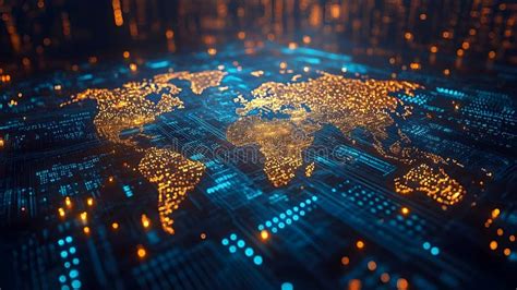 Digital World Map With Glowing Data Points Symbolizing Global