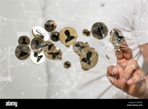 A 3d Rendering Of Human Icons With Hand Tapping On It From Behind