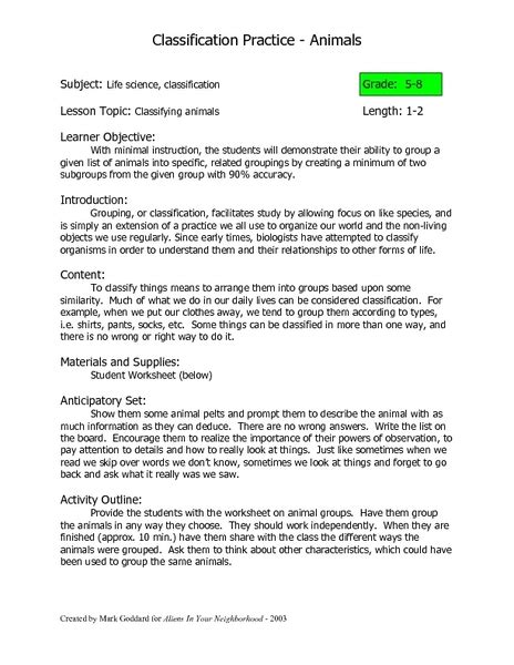 Classification Practice Animals Lesson Plan For 5th 8th Grade