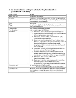 Use Case Specification Dan Activity Diagram INTERNAL EDUCATIONAL PURPOSED PDF