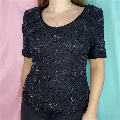 Vintage 80s Black Beaded Blouse Beaded Floral Depop