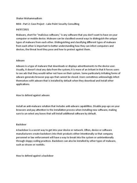 M04 Part 2 Case Project Lake Point Security Consulting Shaker Mohammadtom Pdf Malware