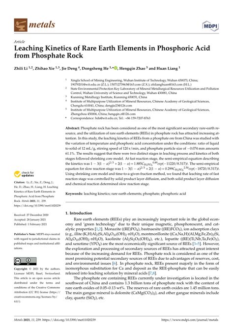 Pdf Leaching Kinetics Of Rare Earth Elements In Phosphoric Acid From Phosphate Rock