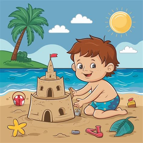 Un Niño Jugando Con Un Castillo De Arena En Una Playa Vector Premium