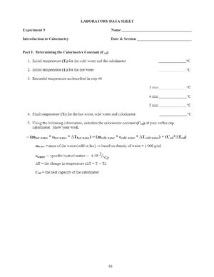 CHEM Data Sheets Only LABORATORY DATA SHEET Experiment Name Gas Laws Date