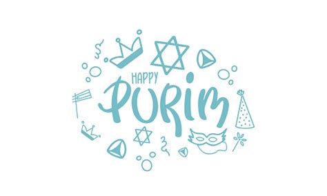 행복 한 푸 림 전통적인 유대인 종교 휴일 가장 무도회와 축제에 의해 진동 요소 집합 다윗의 별 마스크 장난감 쿠키 및 기타 장식 벡터 손으로 그린 그림 부림절에 대한 스톡