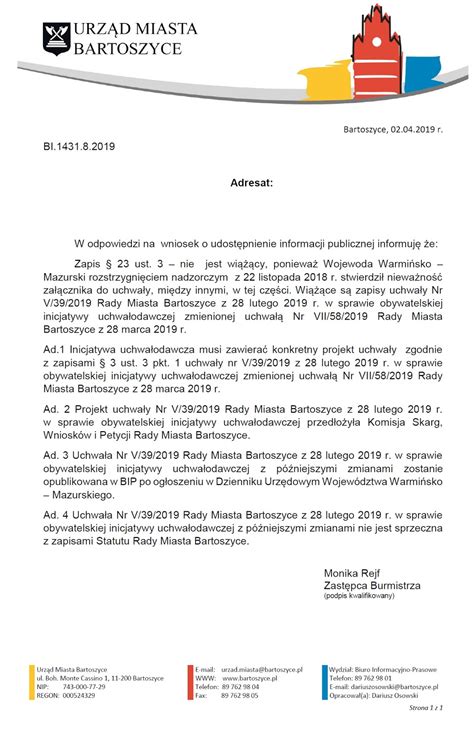 Odpowiedź na pismo w sprawie obywatelskiej inicjatywy uchwałodawczej Bartoszyce Lokalny blog