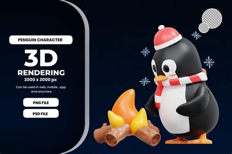 Premium Psd 3d Cute Penguin With Bonfire Illustration Premium Psd