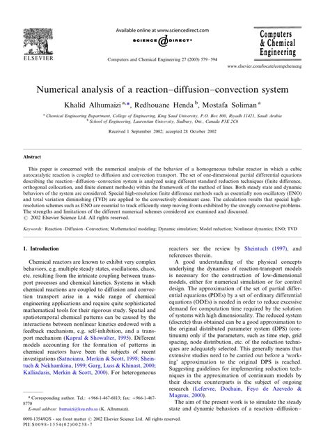 Pdf Numerical Analysis Of A Reaction Diffusion Convection System