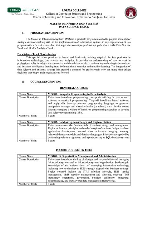 Mis Data Science Track College Of Computer Studies And Engineering