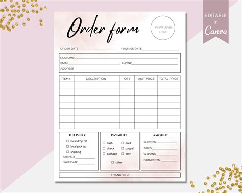 Paper Paper And Party Supplies Custom Order Form Peach Printable Pdf