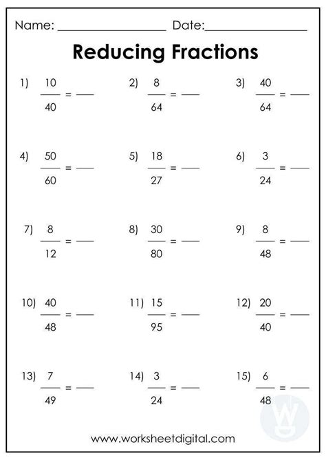 Reduce Fractions Worksheet