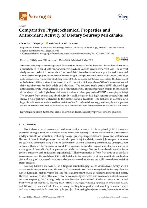Pdf Comparative Physicochemical Properties And Antioxidant Activity Of Dietary Soursop Milkshake