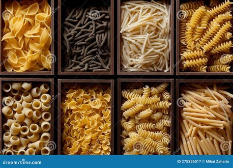 Different Types Of Uncooked Pasta Arranged In Boxes Conceptual Illustration Generative Ai