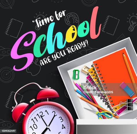 학교 벡터 배너 배경으로 돌아갑니다 학교 를위한 시간은 교육 용품 설계를위한 수납 상자 요소 내부 노트북과 같은 교육 개체와 텍스트를 준비합니다 가위에 대한 스톡 벡터 아트