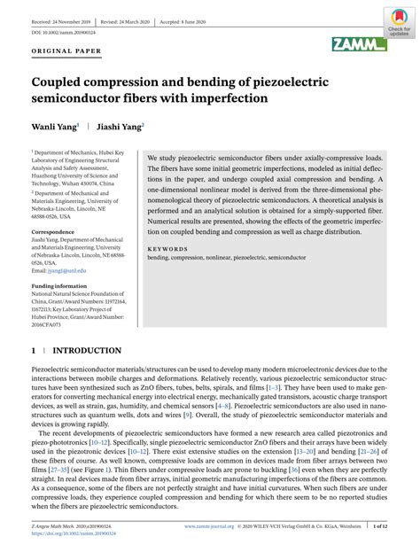 Pdf Coupled Compression And Bending Of Piezoelectric Semiconductor Fibers With Imperfection
