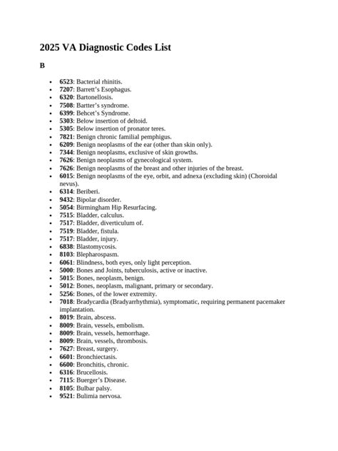 2025 Va Diagnostic Codes List B Pdf Benign Tumor Human Diseases