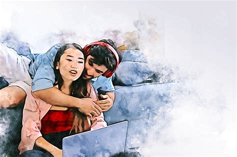 추상적인 행복 젊은 부부는 수채화 그림 배경에 집에서 휴식과 작업 20 24세에 대한 스톡 사진 및 기타 이미지 20 24세