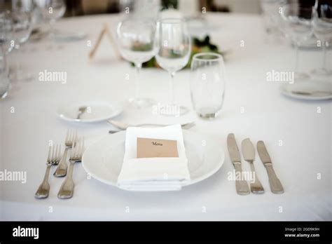 Table Setting In A Fancy Restaurant Before Wedding Reception Stock