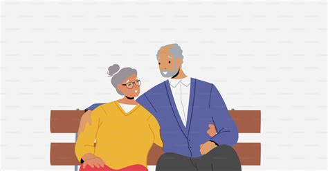 늙은 남자와 여자는 벤치에 앉아 하얀 배경에 고립되어 포옹한다 노인 남성과 여성 캐릭터는 공원에서 시간을 보내고 은퇴한 사랑하는 사람들은 거리에서 휴식을 취합니다 만화