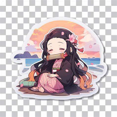 Cute Nezuko By The Sea Sticker Free Demon Slayer Stickers