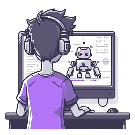 A Young Boy With Headphones Programming A Robot On His Computer Stock