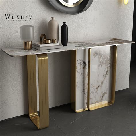 Wuxury Furniture โต๊ะคอนโซล สไตล์luxury Top หิน ขาสแตนเลสทองเงาสวยหรู โต๊ะข้าง แต่งบ้านหรู ส่ง