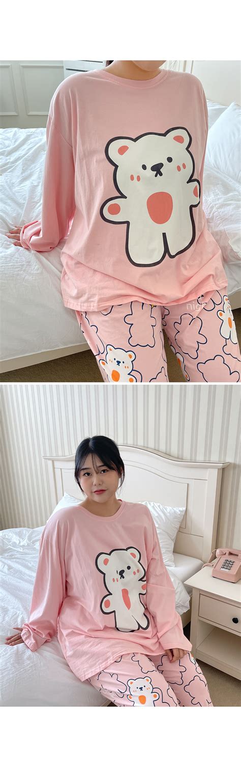 빅사이즈 66 120 굿나잇 곰돌이 프린팅 파자마 잠옷 세트