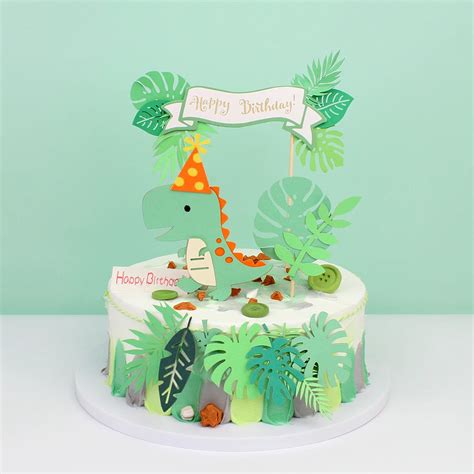 생일 축하 공룡 케이크 토퍼 장식 디노 그린 리프 케이크 토퍼 생일 파티 베이킹 케이크 장식 플래그 토퍼케이크 데코용품