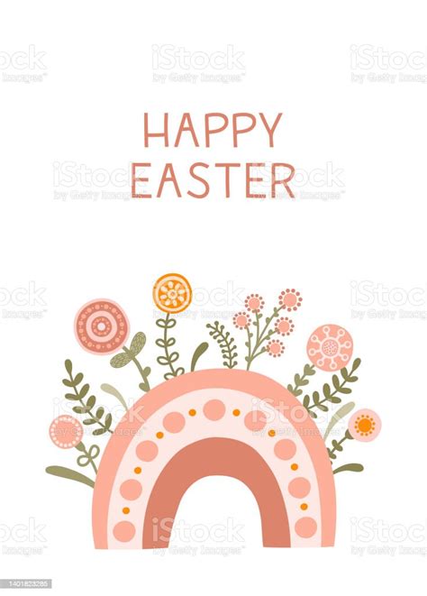 화려한 무지개와 꽃이있는 포스터 템플릿은 부활절을위한 부드러운 파스텔 색상입니다 텍스트를위한 공간이있는 평평한 스타일의 무지개 그림 벡터 공휴일에 대한 스톡 벡터 아트 및