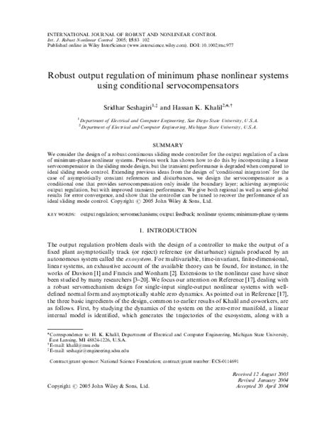 pdf robust output regulation of minimum phase nonlinear systems using
