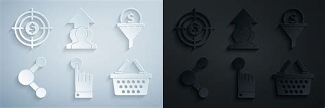 손 터치 및 탭 제스처 리드 관리 공유 장바구니 성장 차트 진행 상황 사람들 군중 및 달러 아이콘으로 대상을 설정합니다 벡터 3차원 형태에 대한 스톡 벡터 아트 및 기타