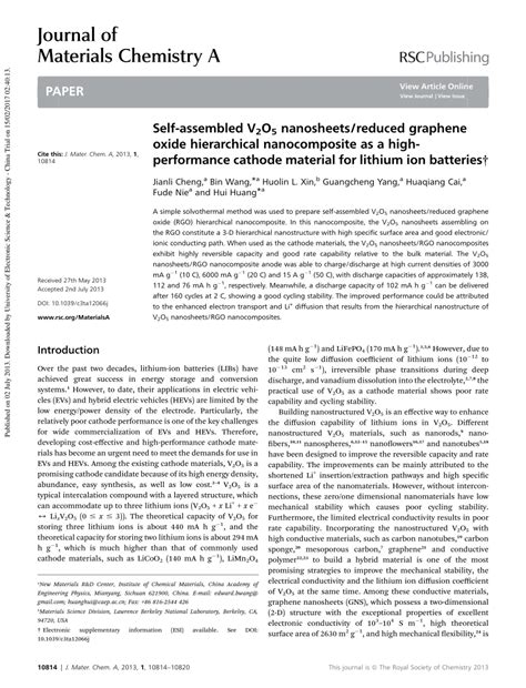 Pdf Self Assembled V2o5 Nanosheetsreduced Graphene Oxide